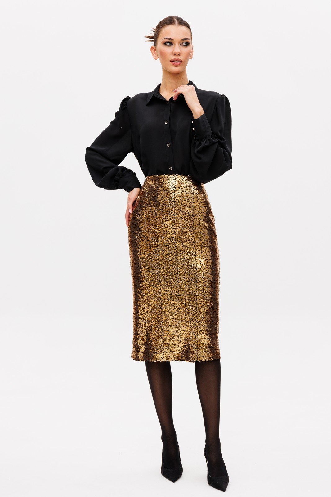 Костюм с юбкой 1002 черный + золотой Lars Style купить в интернет магазине | в наличии